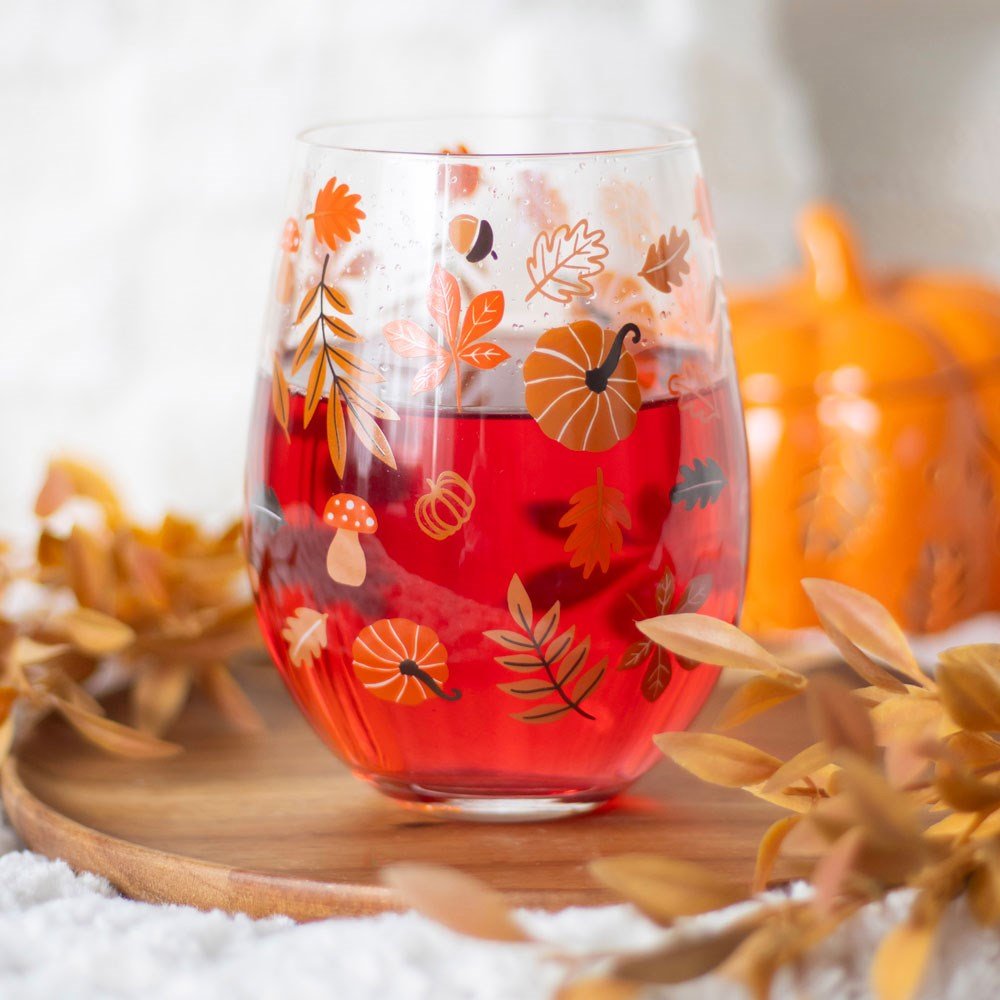 Autumn Leaves and Pumpkins Stemless Glass - Decor et more