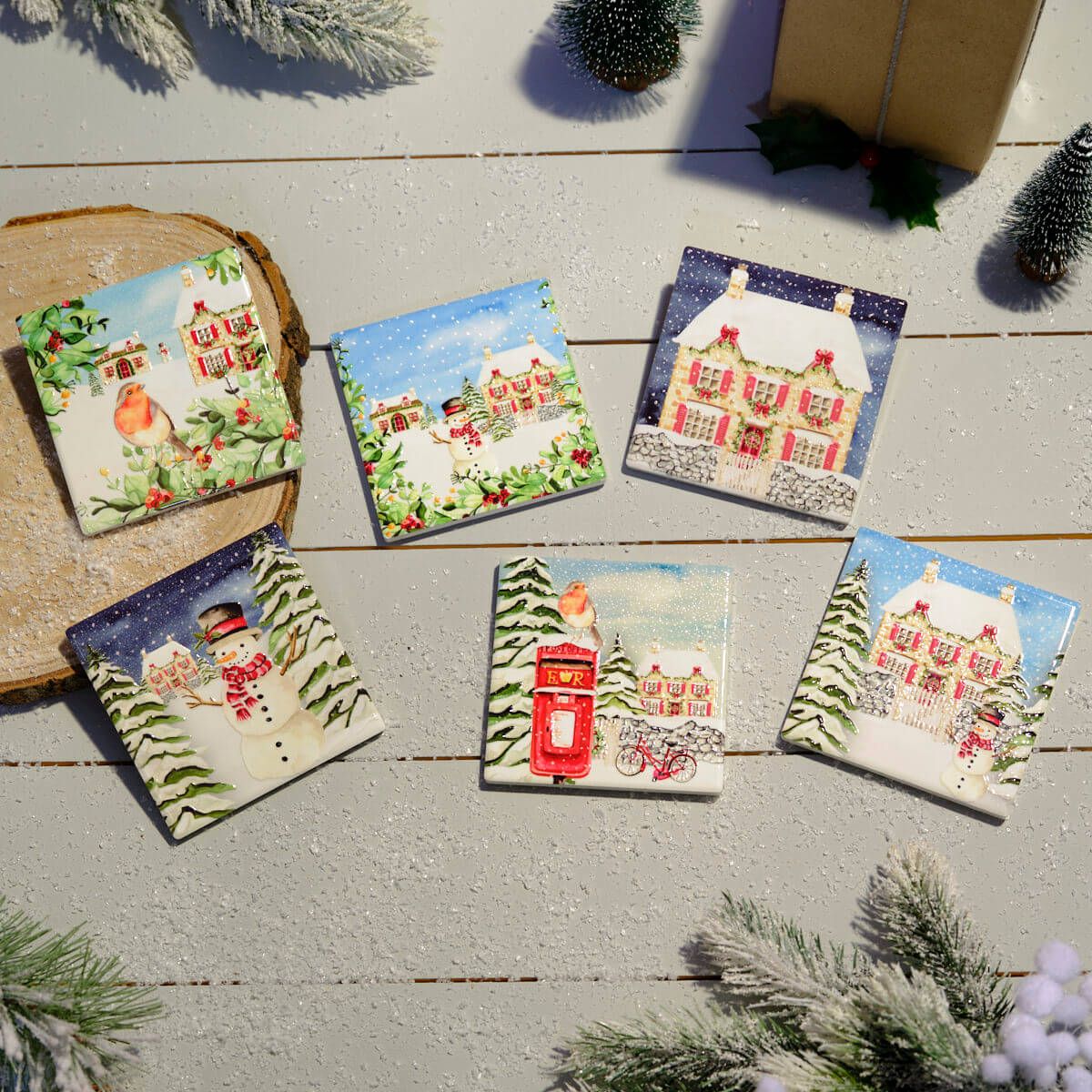 Set of 6 Christmas Cottage Raised Design Ceramic Coasters - Decor et more